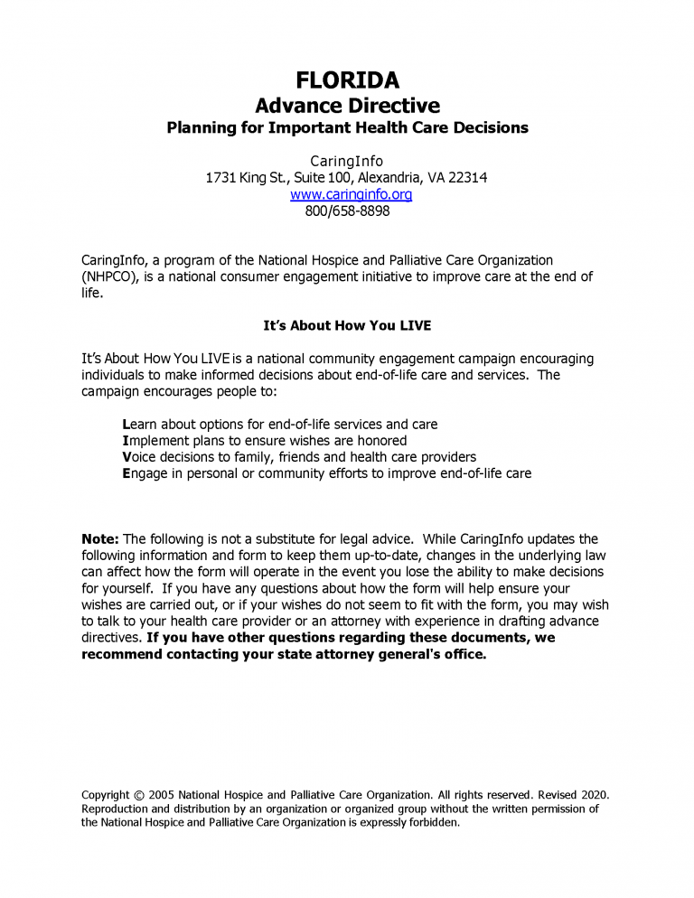 Free Florida Advance Directive Form (Medical POA + Living Will) | PDF