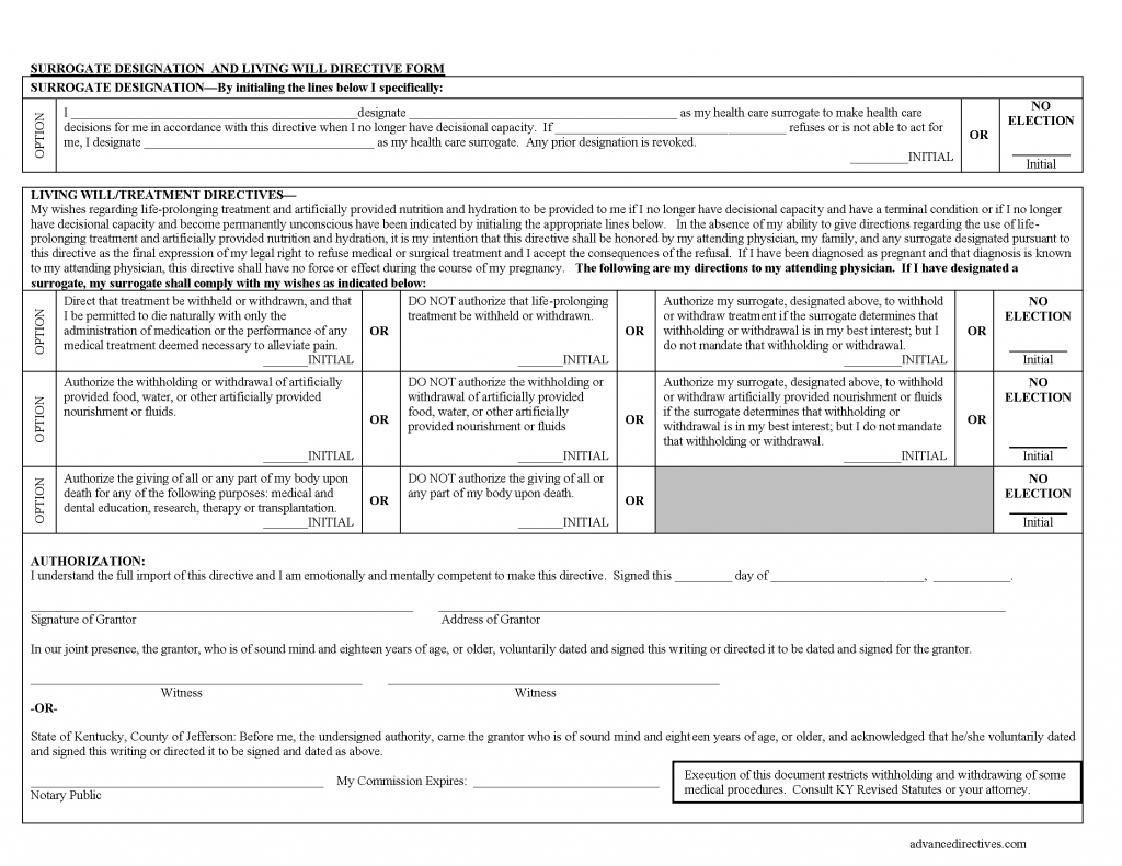Free Kentucky Advance Directive Form (Medical POA + Living Will) | PDF