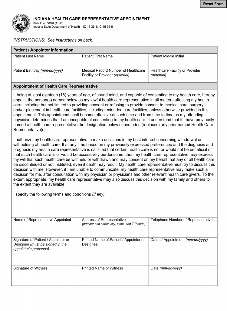 Free Indiana Advance Directive Form (Medical POA + Living Will) | PDF