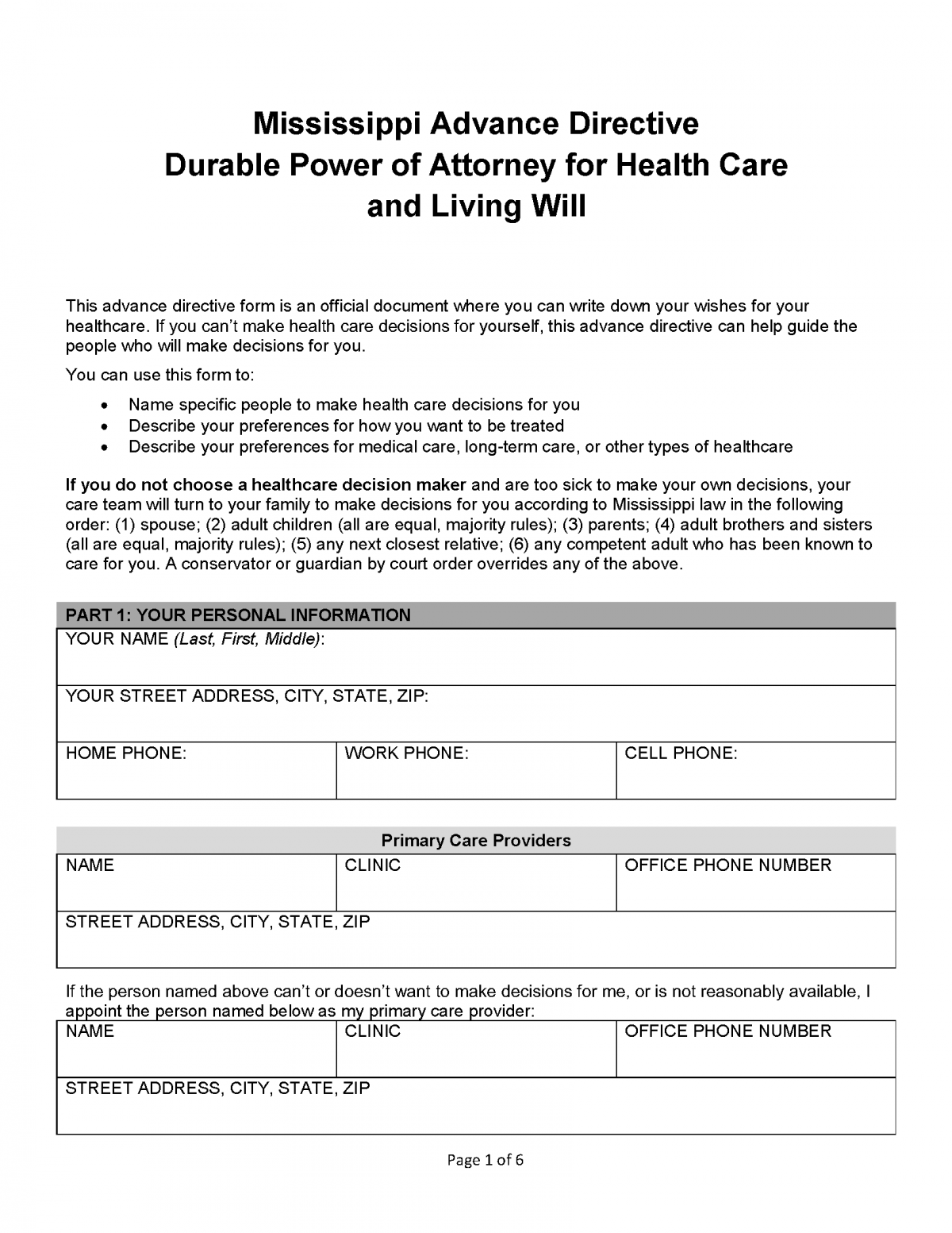 Free Mississippi Advance Directive Form (Medical POA + Living Will) | PDF