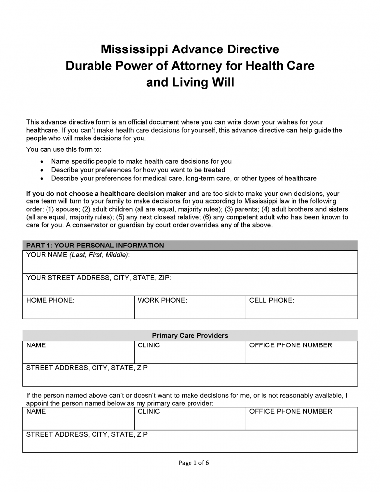 Free Mississippi Advance Directive Form (Medical POA + Living Will) | PDF