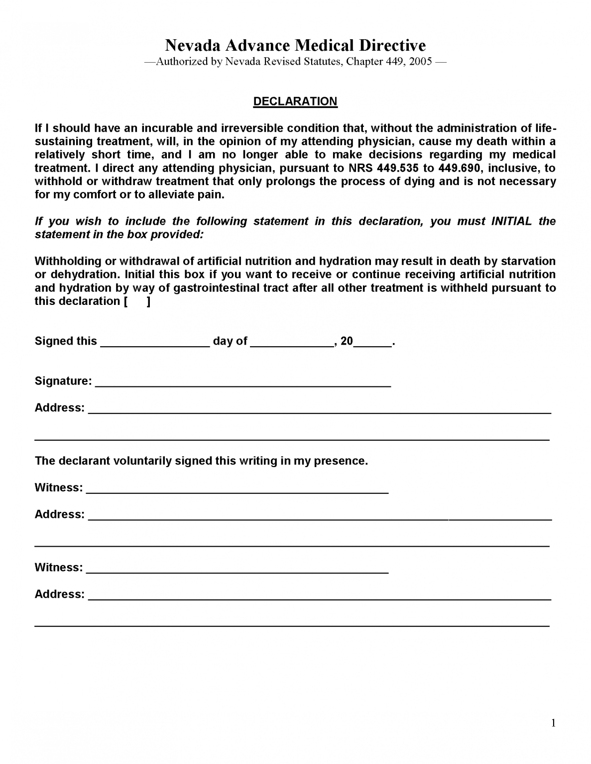 Free Nevada Advance Directive Form (Medical POA + Living Will) | PDF