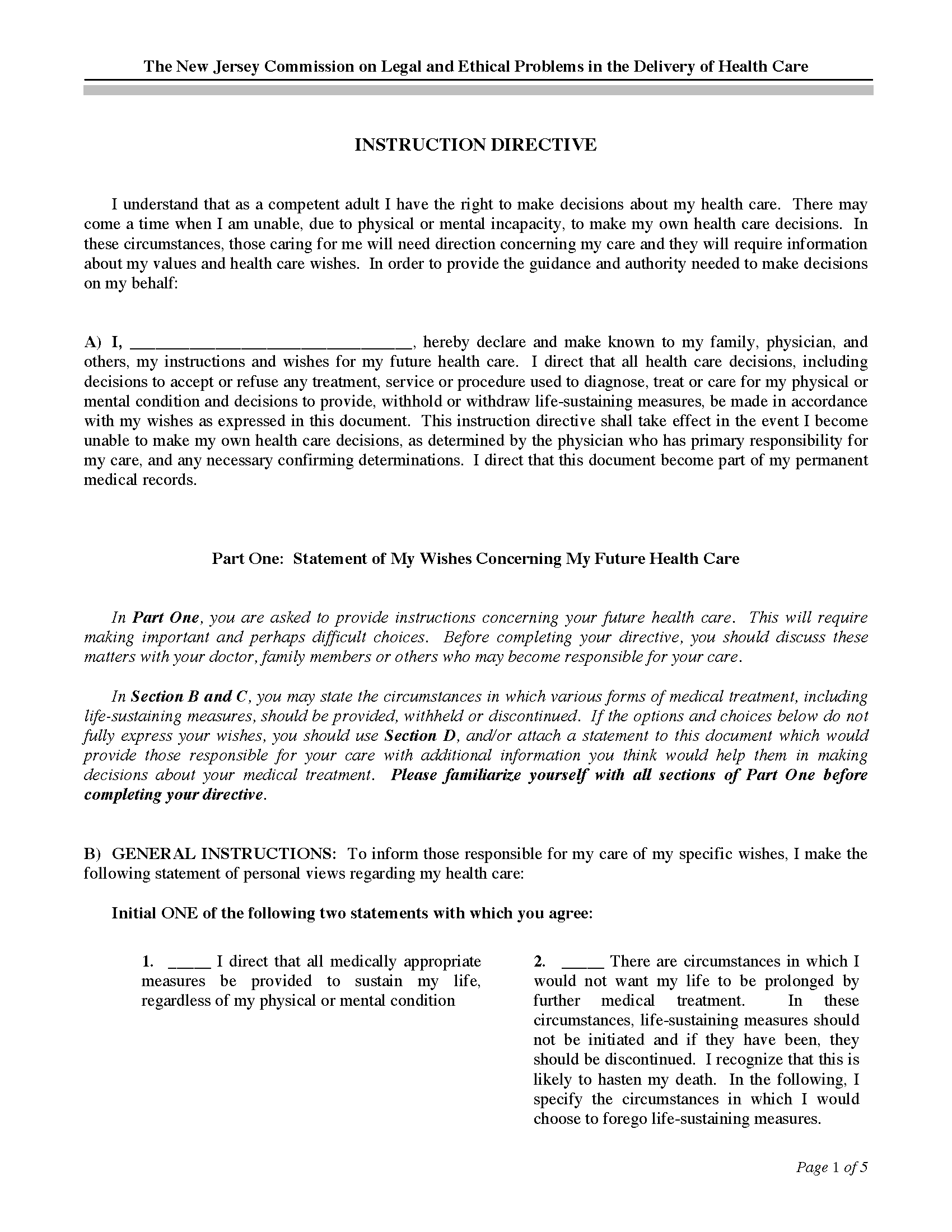 Free New Jersey Advance Directive Form (Medical POA + Living Will) | PDF