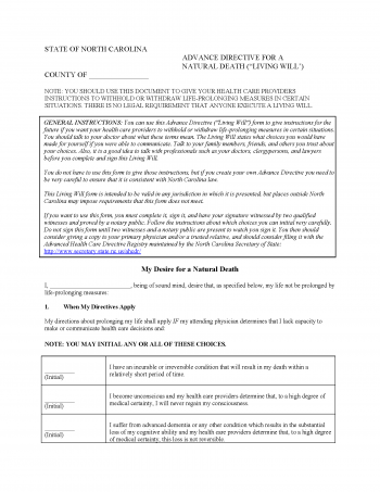 Free North Carolina Advance Directive Form (Medical POA + Living Will ...
