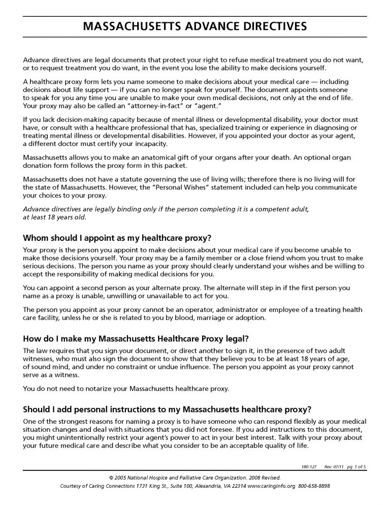 Free Massachusetts Advance Directive Form (Medical POA + Living Will) | PDF