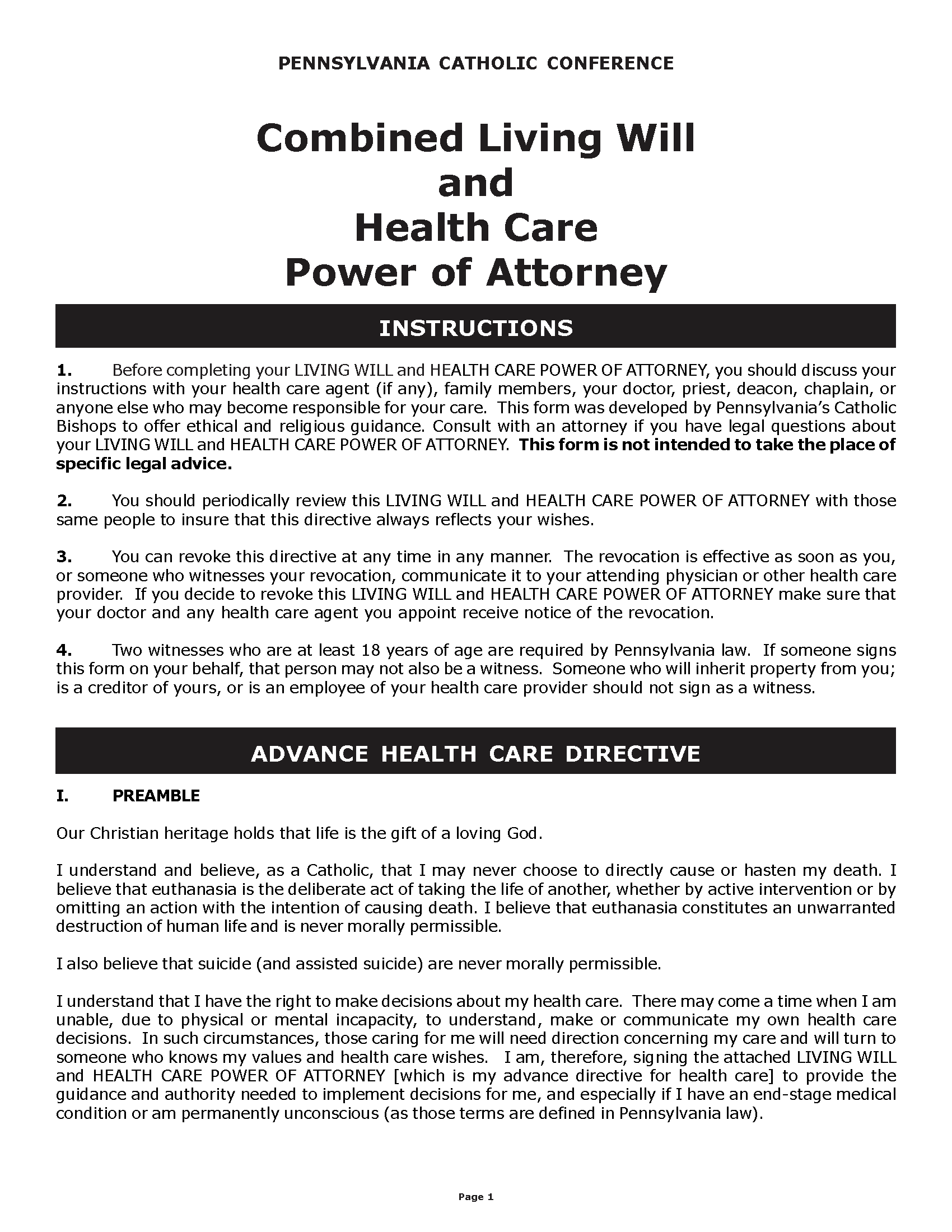 Free Pennsylvania Advance Directive Form (Medical POA + Living Will) | PDF