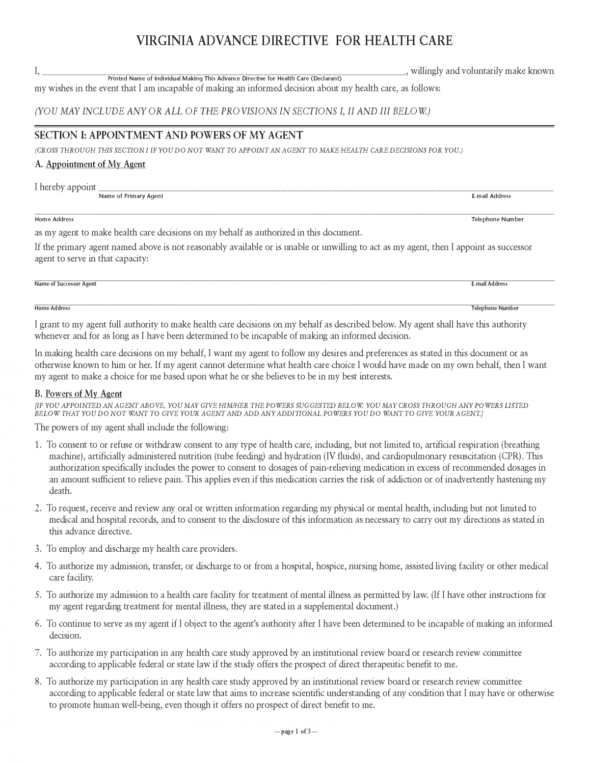 Free Virginia Advance Directive Form (Medical POA + Living Will) | PDF